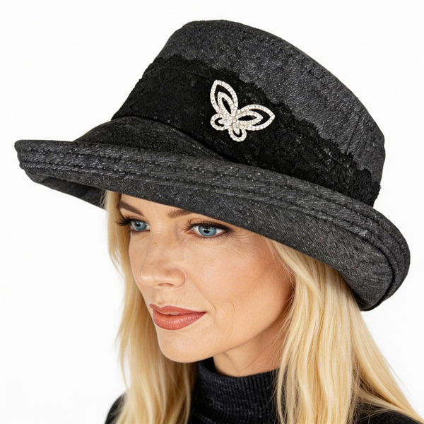 The Perfect Sun Hat, black washed denim with black lace and sparkly pi ...